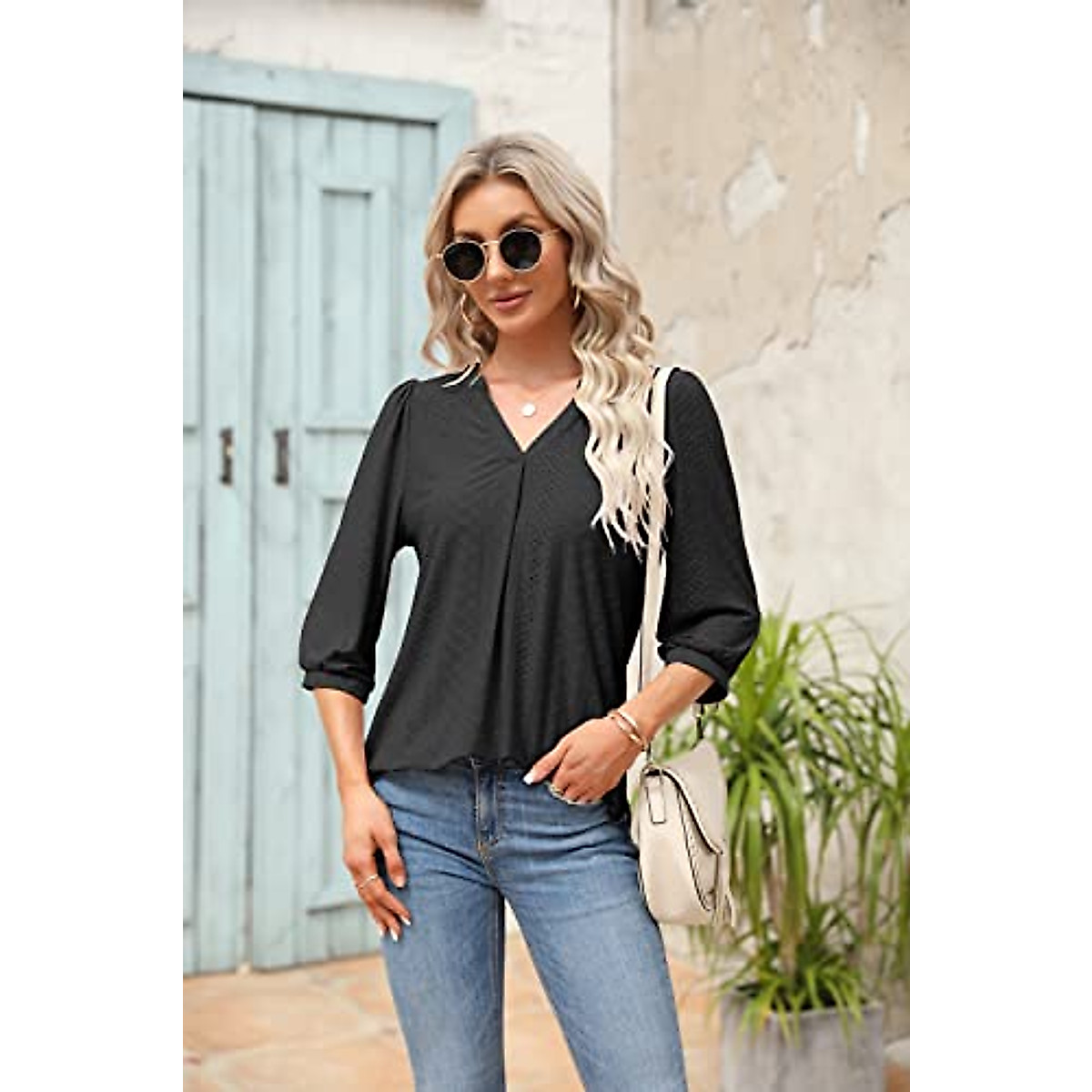 FMEYOA Women's 3/4 Sleeve Tops Eyelet Dressy Casual V Neck Blouses T Shirts(Black,X-Large)