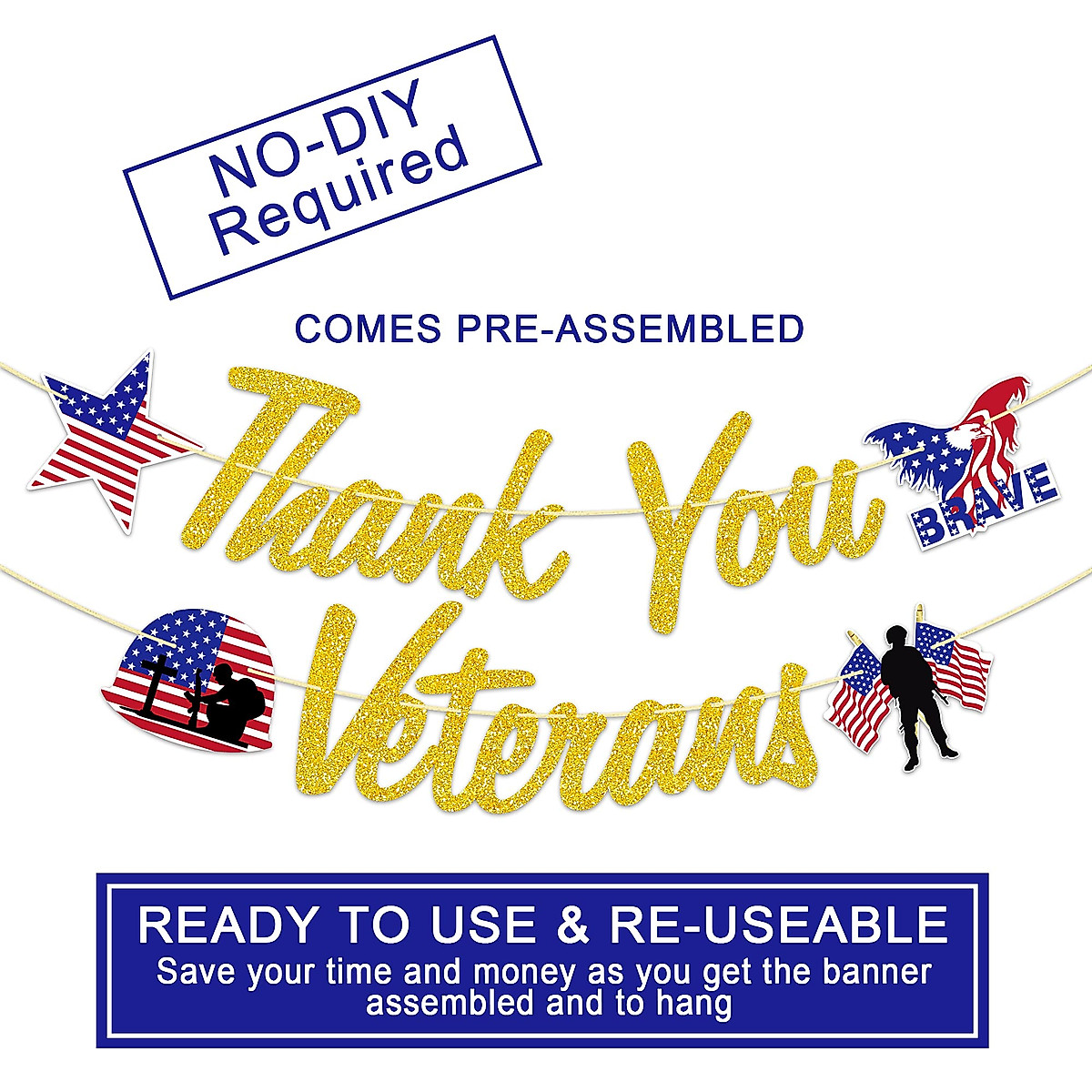 Veterans Day Banner, Thank You Veterans Glitter Letter Banner Cardstock Paper Garland Patriotic Party Decorations