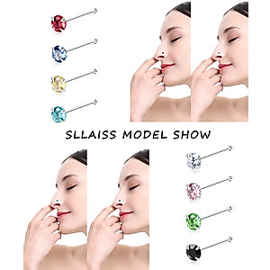 Sllaiss 8Pcs 22G Sterling Silver Nose Rings Studs Pin for Women Men 3MM Mix Color Round Czech Crystal Nose Body Piercing Jewelry