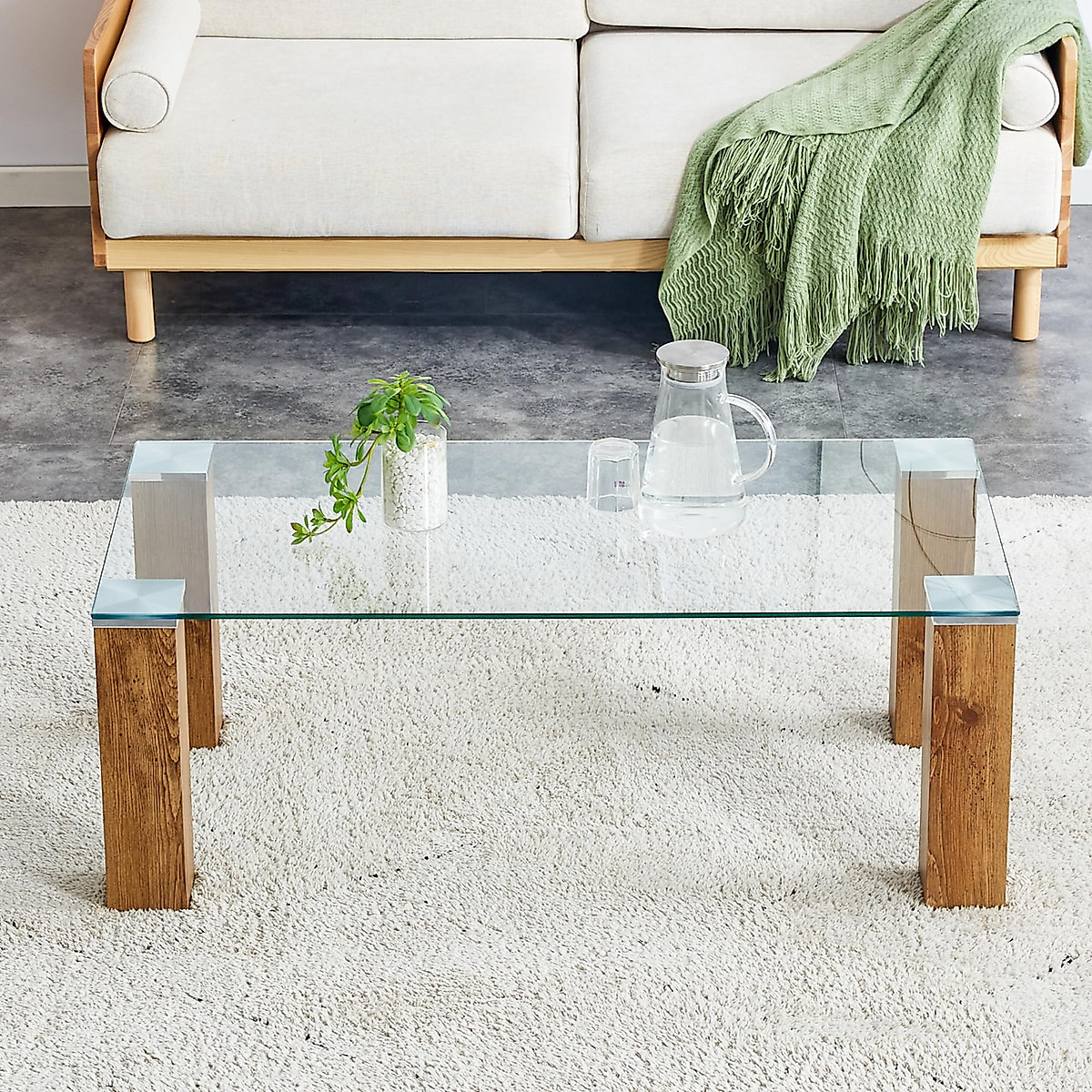 CIATRE Glass Coffee Table, Modern Tempered Clear Coffee Tables with Solid Wood Legs Decor for Living Room, Modern Small Glass Living Room Tables，44.9"*21.7"*16.9"