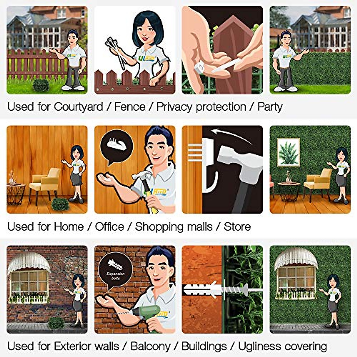 ULAND Artificial Hedges Panels, 6pcs 20"x20" Boxwood Greenery Ivy Privacy Fence Screening, Home Garden Outdoor Wall Decoration