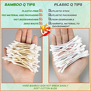 YADADA 500 Count Organic Cotton Swabs - Biodegradable Bamboo Sticks, Natural Cotton Buds with Pointed and Rounded Tips for Ear Cleaning