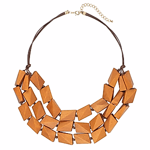 Coiris 3 Layers Big Faceted Wood Beaded Strand Statement Necklace for Women Chunky Collar (N0018-Light Brown)