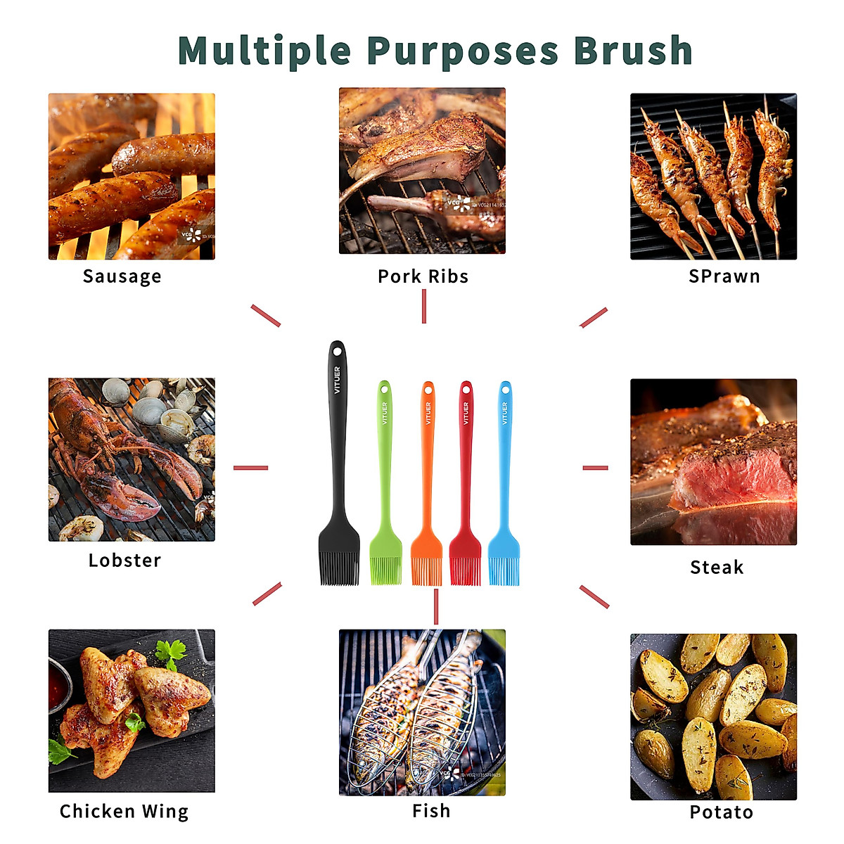 VITUER Silicone Basting Pastry Brush, 5 PCS Colorful Silicone Food Brush for Baking Cooking BBQ Grill Spread Oil Butter Sauce, Heat Resistant, Dishwasher Safe (5Pack, Rainbow Colors)