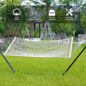 Cotton Rope Hammock with Tree Straps Kit, Ohuhu 52-Inch Wide 2 Person Hammocks for Outside with Bottle Holder & Side Pocket, All-in-One Double Hammock for Indoor Outdoor Garden Patio Yard Balcony