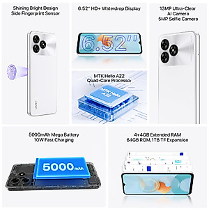 UMIDIGI Unlocked Cell Phone, G5A MTK Helio A22 4+4GB +64GB Android 13 Smartphone Unlocked with 6.52" Full Screen, 13MP+2MP+5MP AI Triple Camera, 5000mAh Battery Fast Charging Mobile Phones,White