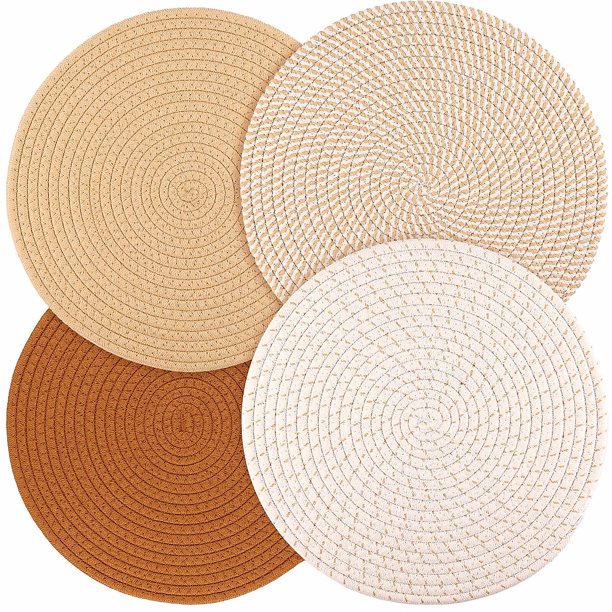 Billbotk Round Woven Placemats Set of 4, 13 Inches Kitchen Table Place Mats for Dining Table, Trivets for Hot Pots and Pans, Boho Table Setting Decor, Fall Decorations for Home