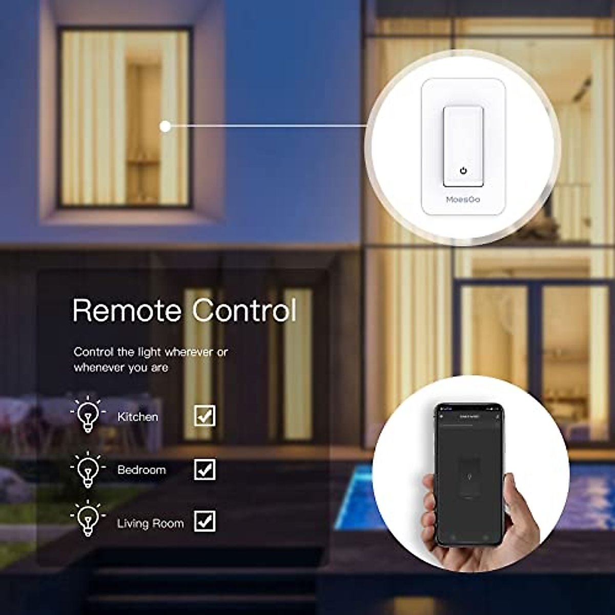 MoesGo WiFi Smart Single Fire Wall Light Switch,No Neutral Wire Need, Single Pole, Smart Life/Tuya Remote Control,No Capacitor Required, Work with Alexa and Google Home Assistant 110V Minimum 7w White