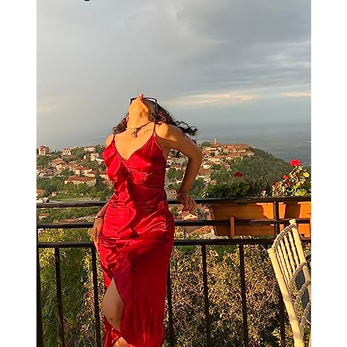 KOJOOIN Women's V-Neck Spaghetti Strap Satin Ruffle Sexy Party Dress Wedding Cocktail Bodycon Midi Dress Wine Red M