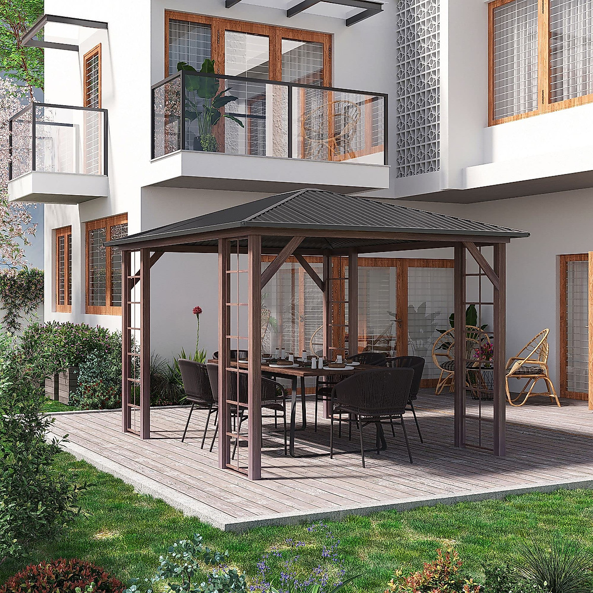 Outsunny 10' x 12' Hardtop Gazebo with Galvanized Steel Roof, Wood Grain Steel Frame, Heavy Duty Permanent Pavilion Outdoor Gazebo, for Garden, Patio, Backyard, Deck, Lawn