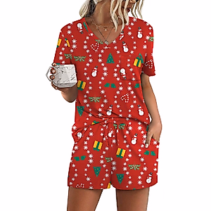RUBZOOF Christmas Pajamas for Women Shorts Set Snowman Print Casual Soft V Neck 2 Piece Lounge Sets with Pockets S