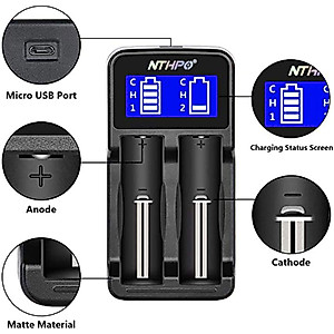 NTHPO Speedy Intelligent Charger, LCD Display Universal Smart Charger for Rechargeable 3.6V/3.7V Li-ion 18650 18490 18350 17670 17500 16340(RCR123) 14500 10440, 1.2V Ni-MH/Ni-CD AA AAA Batteries