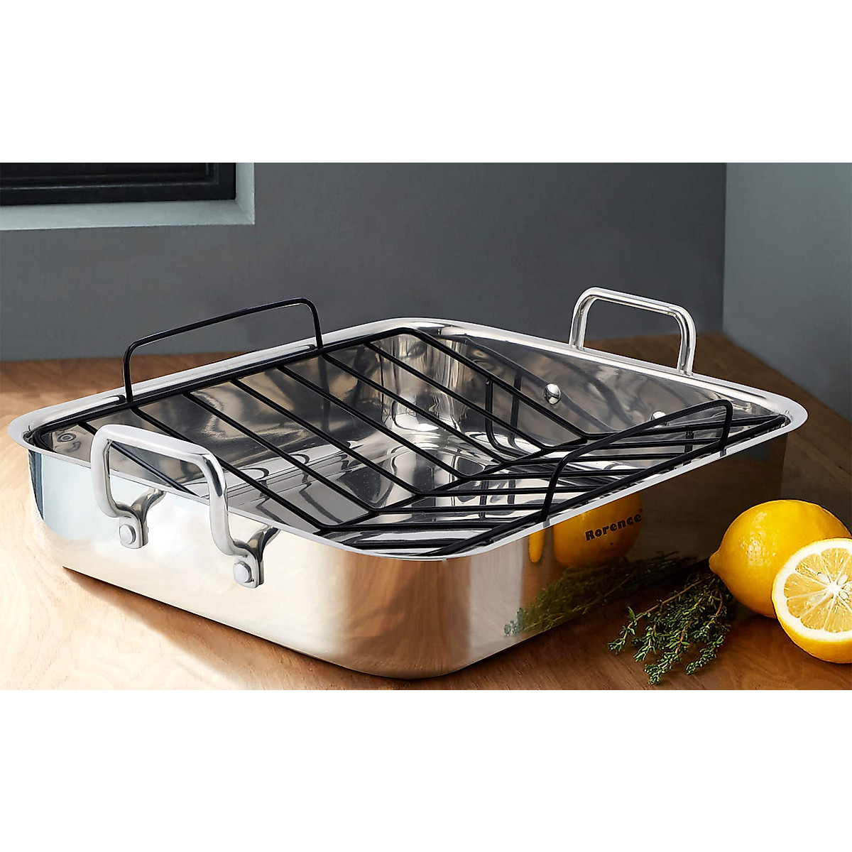 Rorence Roasting Pan with Rack: 16-Inch Stainless Steel Rectangular Turkey Roaster pan with Nonstick V-Shaped Rack for Thanksgiving Christmas – Set of 5