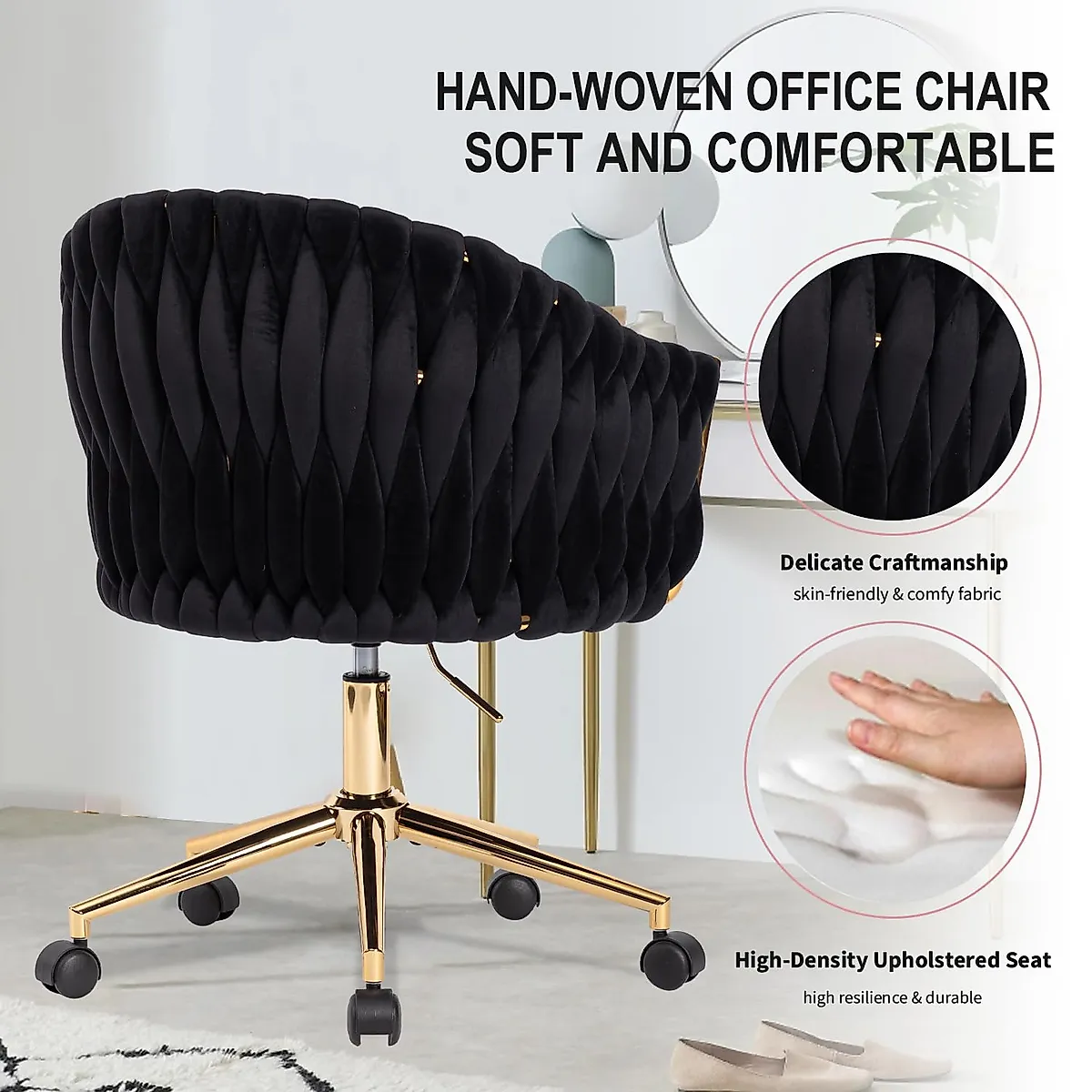 linting Velvet Accent Chair Home Office Desk Chairs with Wheels Modern Mid Back Swivel Vanity Chair Armchair, Adjustable Makeup Chair (Black)