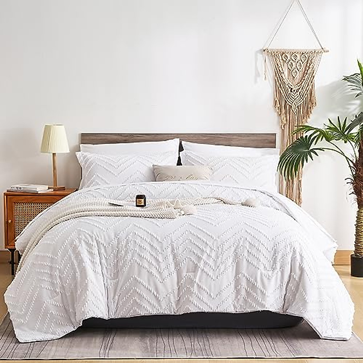 FLYMME White Full Size Comforter Sets with Sheets,Tufted Bed in a Bag 7 Pieces, Chevron Boho Shabby Chic Farmhouse Bedding Set,Soft Microfiber Comforter for All Season（White,80”*90”）