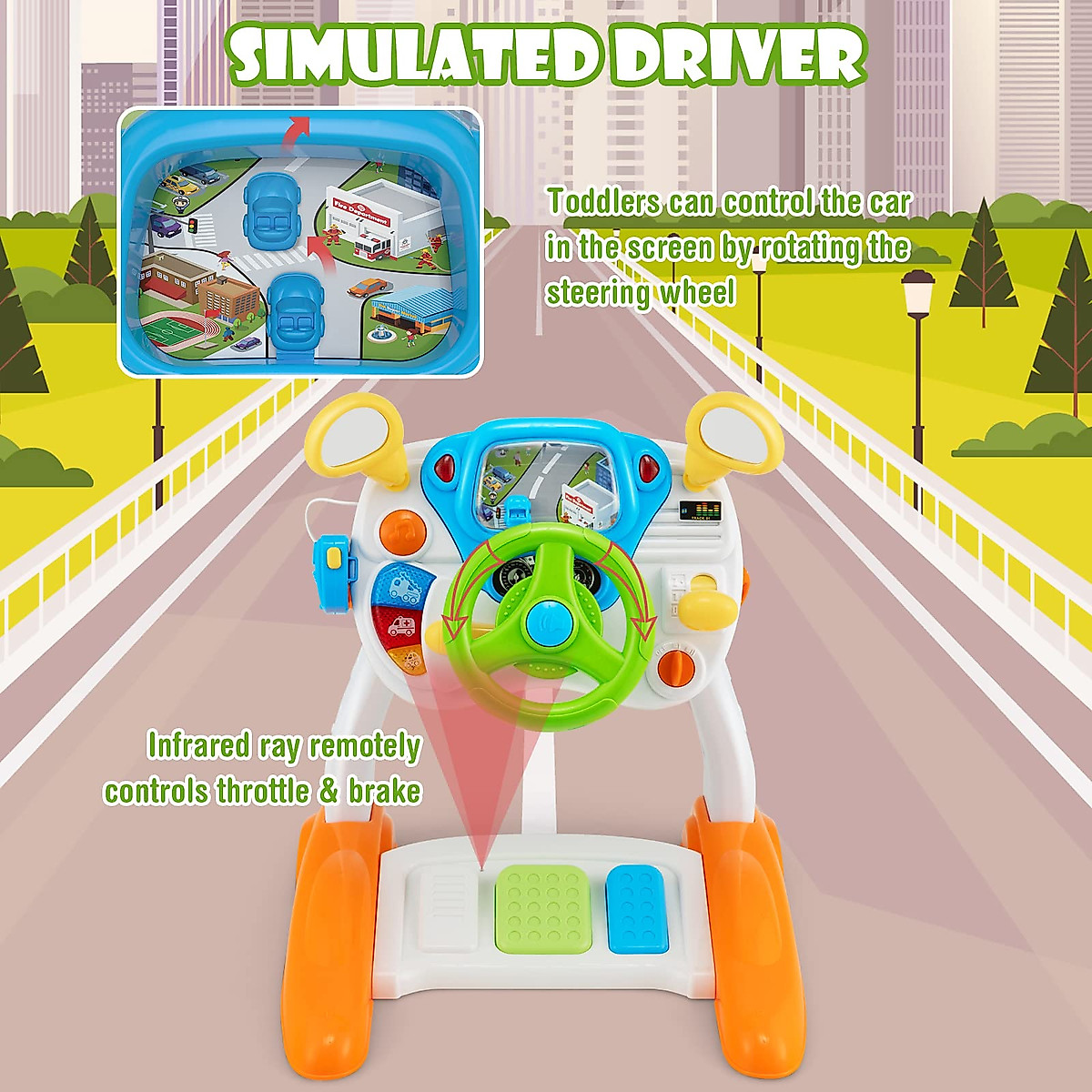 Costzon Steering Wheel Toy, Pretend Play Driving Simulated Toy w/Light and Music, Cyclic Rotary Scene, Siren Sounds, Walkie-Talkie, Stool, Interactive Learning Educational Toy for Toddler Boys Girls