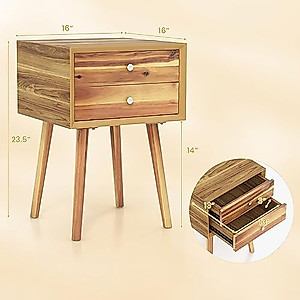 Giantex Nightstand with 2 Drawers Set of 2, Mid Century Modern Bedside Table with Solid Wood Legs, Practical End Side Table for Living Room Bedroom Small Space, Night Stand, Walnut