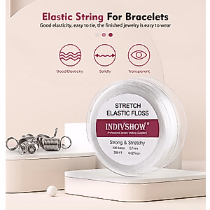 INDIVSHOW Elastic Bracelet String Cord Stretch Bead Cord with 6pcs Bead Stoppers and 1pc Big Eye Beading Needle for Jewelry Making and Bracelet Making White