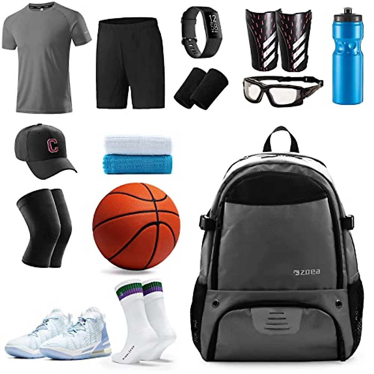 ZOEA Large Basketball Bag - Backpack for Basketball, Soccer & Volleyball Football Gym Includes Shoe & Ball & Laptop Compartment (Grey)