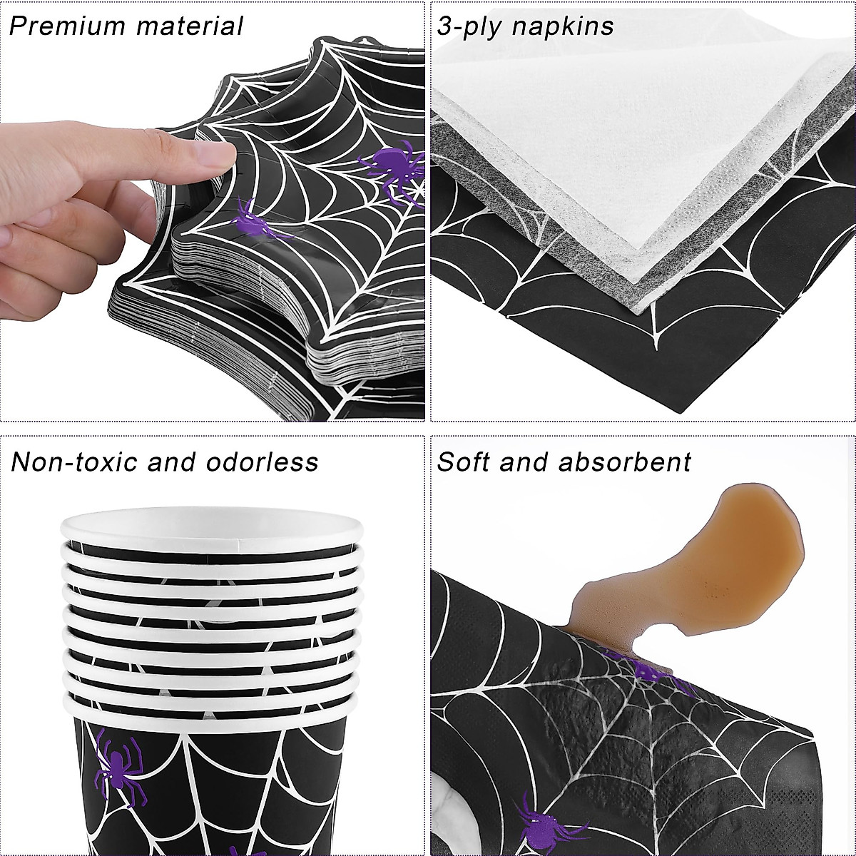 durony 100 Pieces Halloween Spider Web Party Supplies Tableware Set Including Halloween Spiderweb Dinner Paper Plates Cups Napkins Serves for 25, Halloween Party Decorations