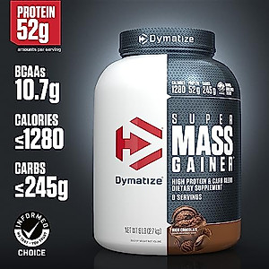 Dymatize Super Mass Gainer Protein Powder, 1280 Calories & 52g Protein, 10.7g BCAAs, Mixes Easily, Tastes Delicious, Rich Chocolate, 6 lbs