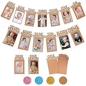 Crosize 1st Birthday Photo Banner Decorations for Baby from Newborn to 12 Months, Boy or Girl Monthly Milestones Garland, One Year Old First Birthday Photo Banner Decorations with Frame (Kraft)