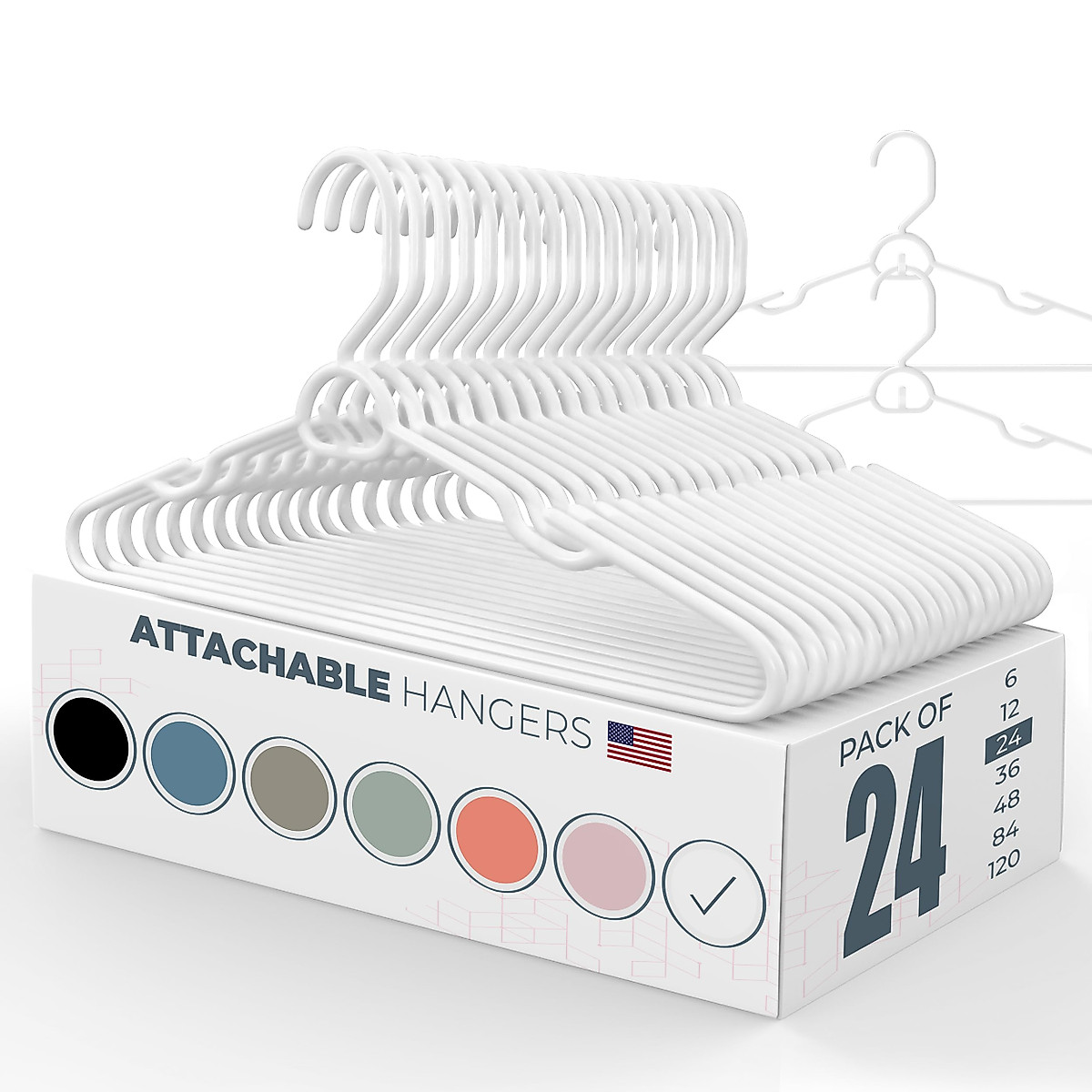24pk Attachable Clothes Hangers - Heavy Duty Plastic Hangers for Closet Organization, Space Saving Hangers for Pants, Shirts, and Coats - Space Saver Hangers, Closet Space Triangles - Made in USA
