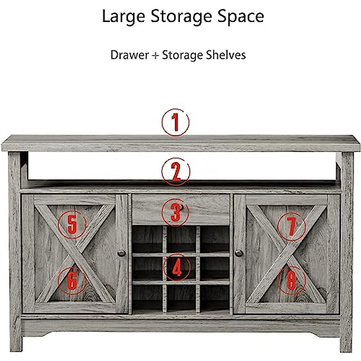 Farmhouse Coffee Bar Cabinet, 47" Kitchen Buffet Storage Cabinet with 9 Wine Racks, Sideboard Buffet Cabinet with 2 Barn Doors and Drawer, Wine Bar Cabinet for Dining Room, Living Room, Rustic Gray