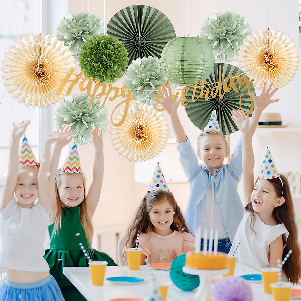 Sage Green Party Decorations Beige Tissue Paper Pom Poms Green Fans Lanterns Sage Party Decorations Boho Green Cream Party Decorations for Sage Birthday Wedding Bridal Baby Shower