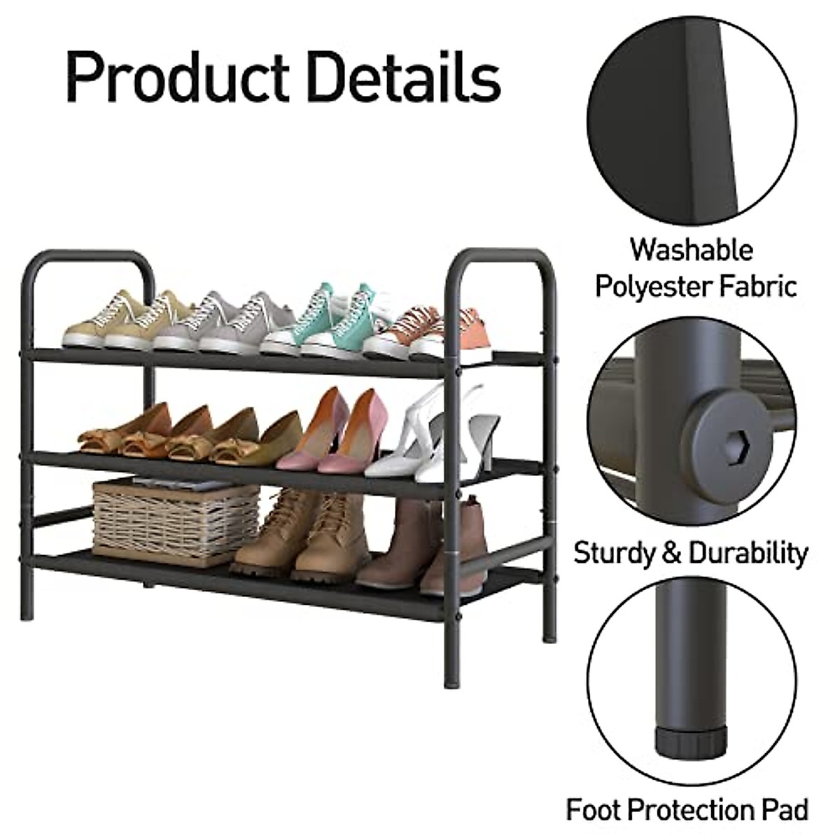 Huhote Shoe Rack 3 Tiers Freestanding Shoe Storage Shelf, Modern Shoe Organizer Multi-Purpose Use with Washable Polyester Fabric Storage Rack for Closet, Entryway, Hallway, Bedroom, Living Room