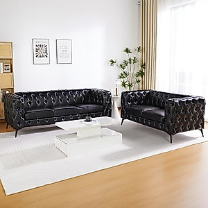 Chesterfield Loveseat, Modern Faux Leather Button Tufted Accent Sofa Couch with Square Arms and Metal Legs for Living Room, Bedroom, Office, Apartment (Black)