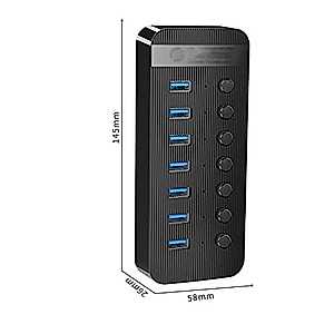 SHYPT 7 Port Powered USB 3.0 HUB BC1.2 Charger Splitter with Individual on/Off Switches and 12V/2A Power Adapter for PC Computer