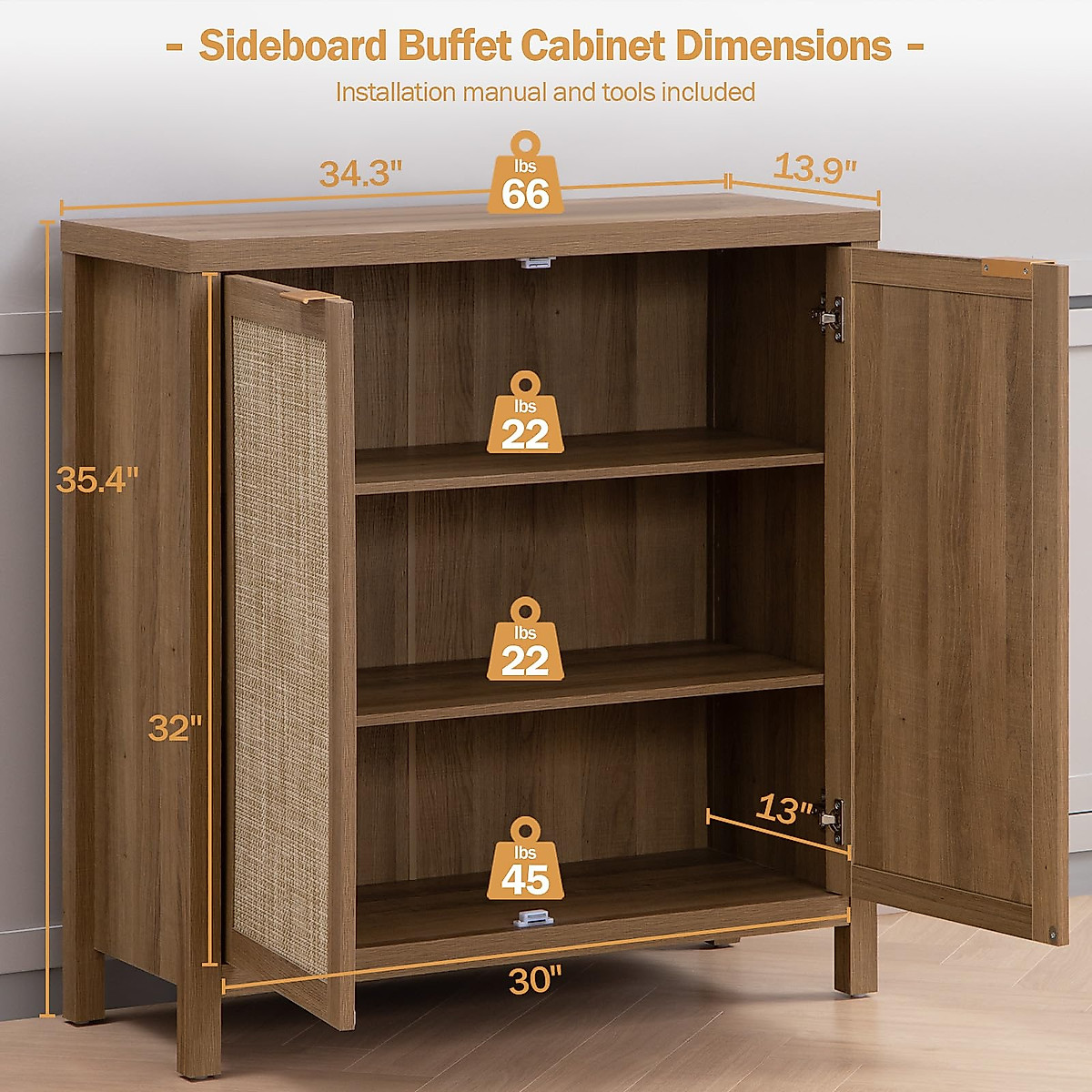 SICOTAS Rattan Sideboard Buffet Credenza Cabinet - 2 Pieces Farmhouse Kitchen Coffee Bar Cabinet with Rattan Decorated Doors - Boho Chest Storage Buffet Cabinet - Oak