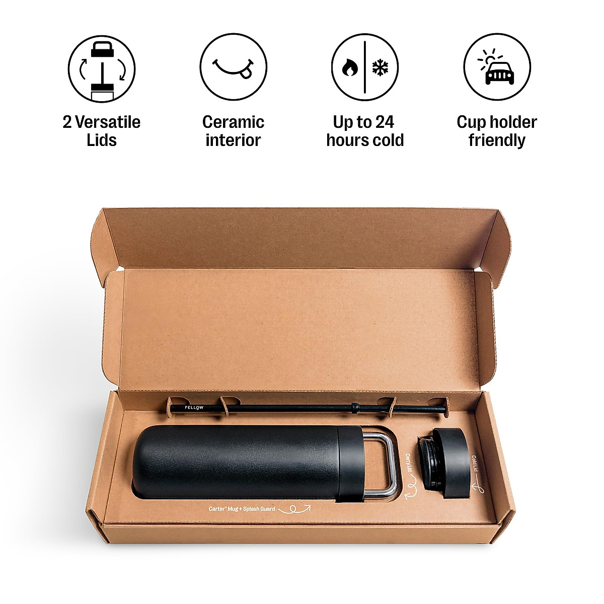 Fellow 20 oz Carter Water Bottle with 2 Lids - Leak-Proof Lid with Metal Handle - Cold Lid with Straw - Ceramic Interior & Vacuum-Insulated Stainless Steel - Matte Black