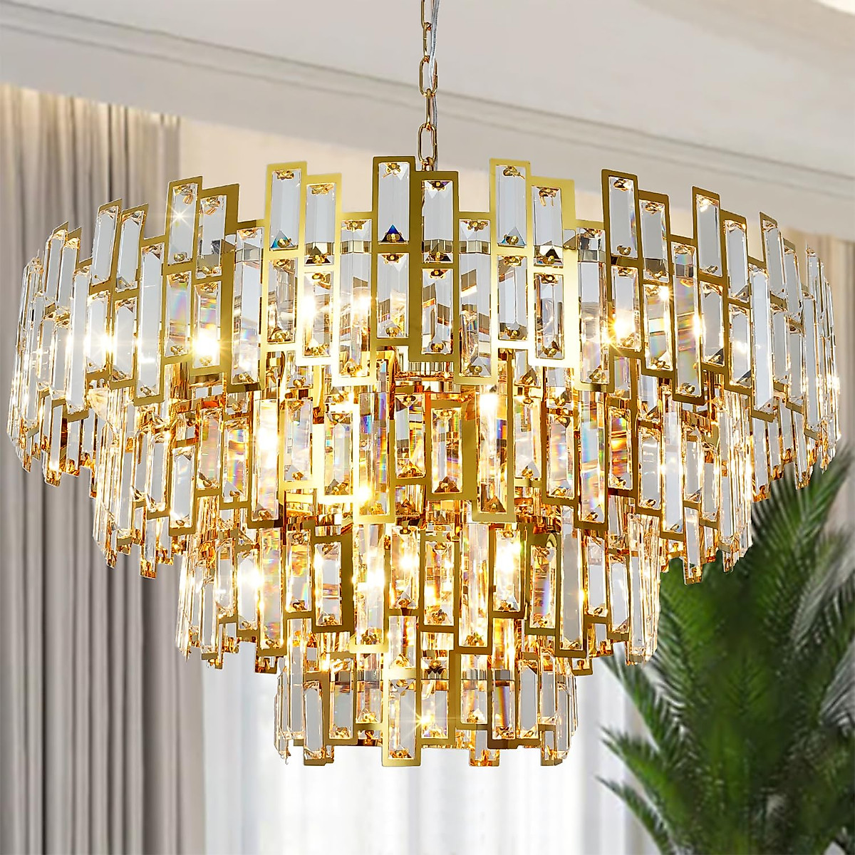 ANTILISHA Gold Crystal Chandelier Lighting Foyer Hall Entry Way Chandeliers Light Fixture for High Ceiling Sloped Pendant Hanging French Empire Style Round Large