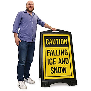 SmartSign "Caution Falling Ice And Snow" A-Frame Sidewalk Sign Kit, 36" x 24", Built-In-Wheels, Double-Sided Portable Plastic Sandwich Board, Set of 1 Foldable Black A-Frame + 2 Sign Panels, USA-Made