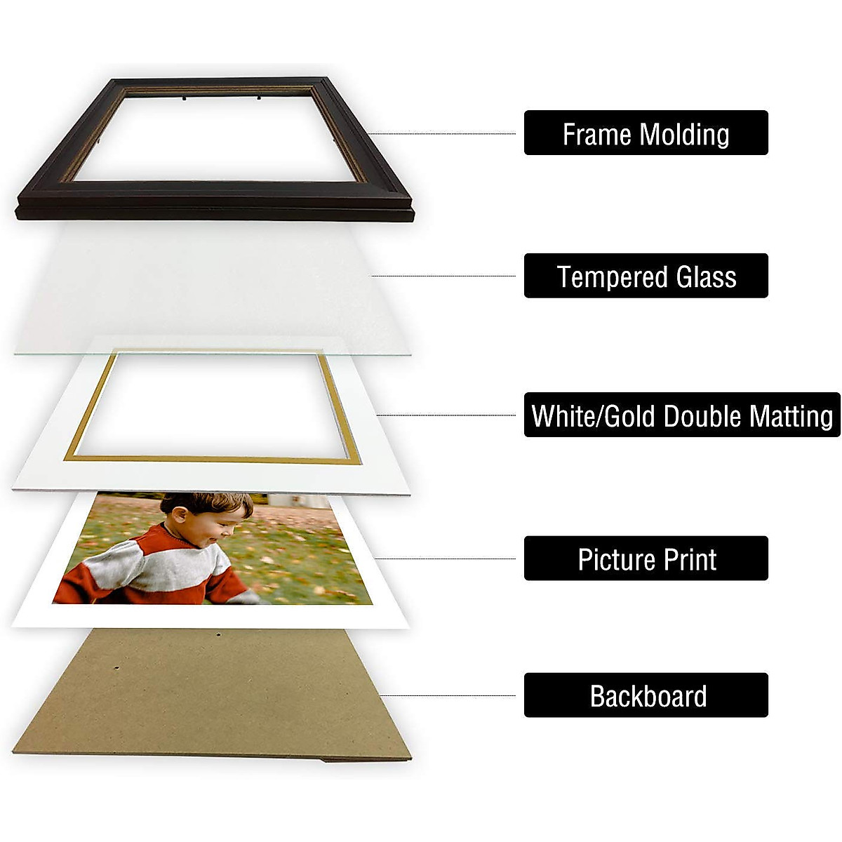 Golden State Art , 8x10 Black Gold & Burgundy Color Frame - White/Gold Double Mat for 6x8 Photos - Easel Stand - Wall Display or Table Top - Real Glass