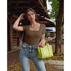 OQQ Women's 2 Piece Bodysuits Sexy Ribbed One Piece Square Neck Short Sleeve Bodysuits Black Coffee