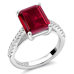 Gem Stone King 925 Sterling Silver Red Created Ruby and White Created Sapphire Ring For Women (4.06 Cttw, Emerald Cut 10X8MM, Available In Size 5, 6, 7, 8, 9)