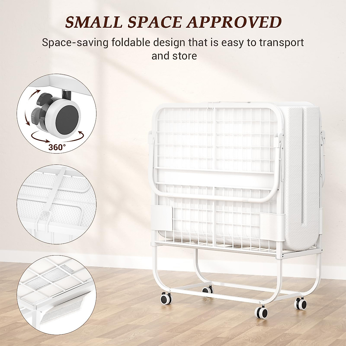 Homieasy Folding Bed with Mattress, Portable Foldable Bed with Storage Cover, Rollaway Bed for Adults with Memory Foam Mattress and Metal Frame, Cot Size Guest Bed on Wheels- White, 75” x 31”