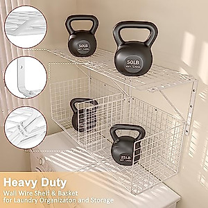 2 Pack Laundry Room Shelves Wall Mounted with Wire Baskets, Over the Washer and Dryer Shelf with Clothes Drying Rack, 8 Hooks，Wire Shelves Baskets for Laundry Closet Organization and Storage, White