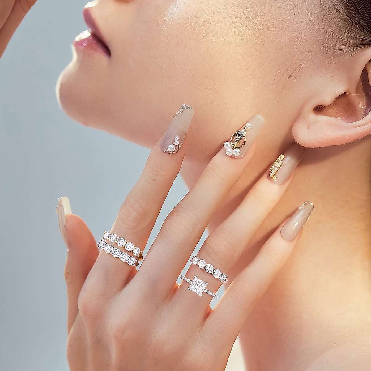 MOOSEA 5 Stone Moissanite Promise Rings for Her, 4MM D Color VVS1 Clarity Lab Created Diamond Band 14K Yellow Gold Vermeil Moissanite Anniversary Rings for Women Promise Rings for Her Jewelry Gifts