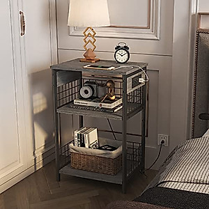 LDTTCUK Side Table with Charging Station & USB Ports,3-Tier End Table for Living Room,Study,Bedroom,Narrow Sofa Table Bedside Table with Storage Shelf,Gray Small Nightstand