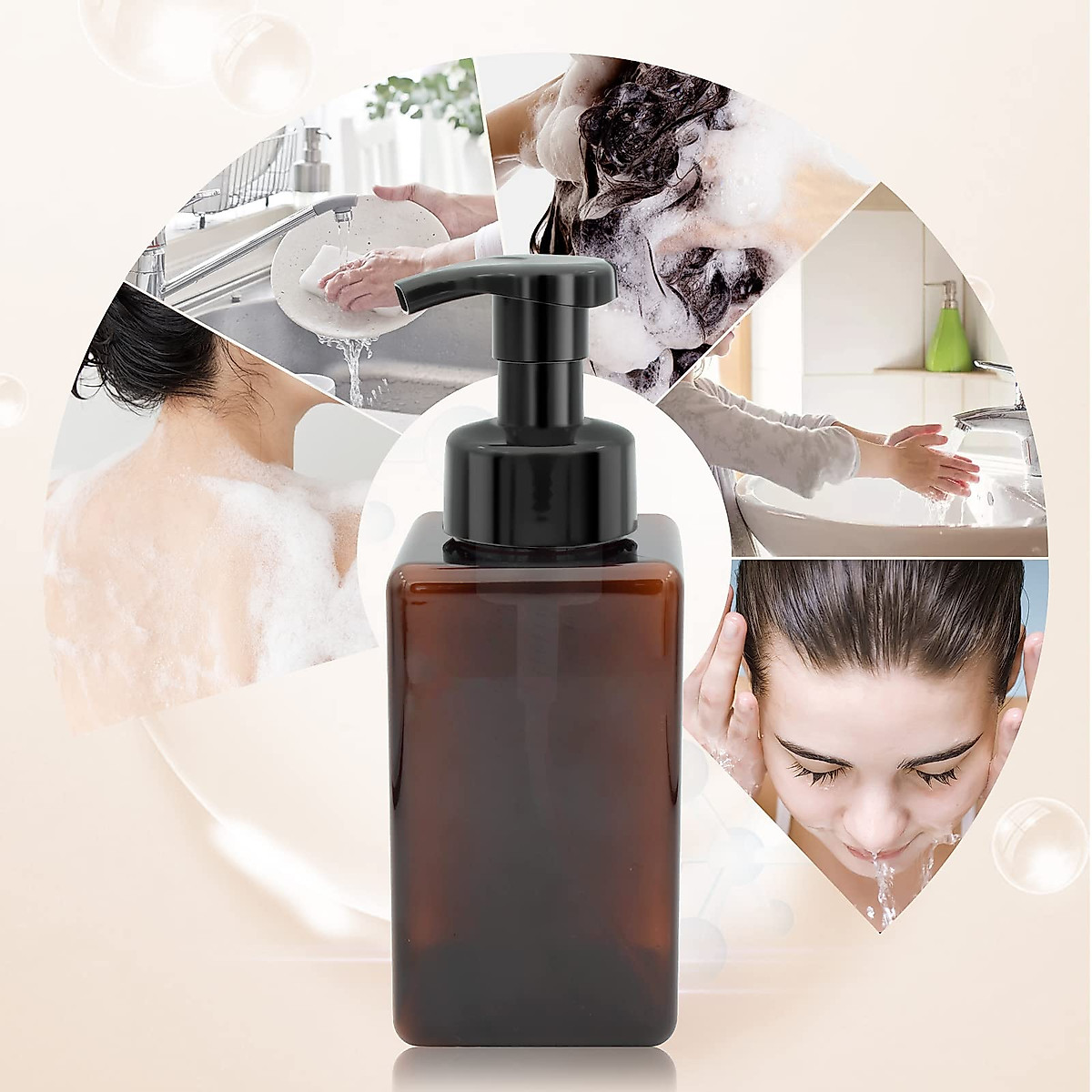 Foaming Soap Dispenser, 2 Pack Plastic Refillable Foaming Hand Soap Dispenser with 10 Pcs Waterproof Labels, 450ml (15oz) Foam Pump Bottle for Bathroom and Kitchen (Amber)