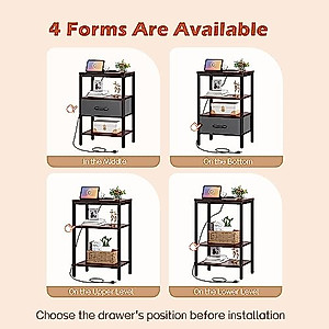 SUPERJARE Nightstand with Charging Station, Bed Side Table with Adjustable Fabric Drawer, Night Stand for Bedroom, 3-Tier Storage End Table, for Living Room - Walnut