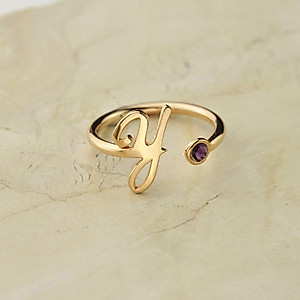 925 Sterling Silver Personalized Initial Name Ring with Simulated Birthstone Cusotm Initial Alphabet Letter Adjustable Size Stackable CZ Wrap Open Ring (Gold)