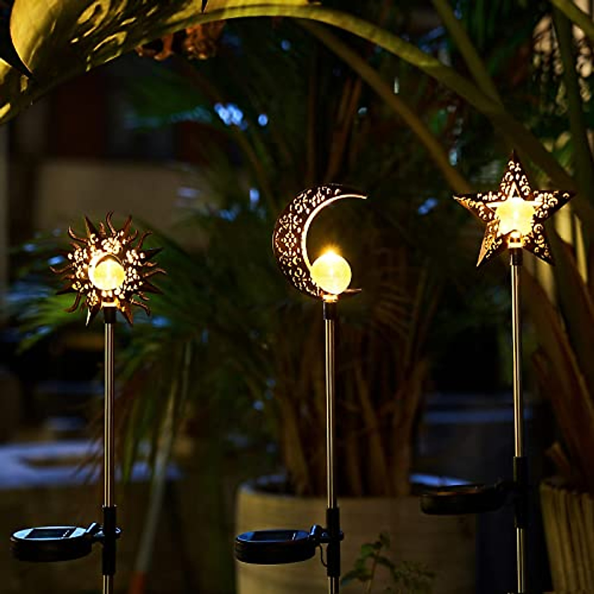 Tryme Solar Lights Outdoor Garden Decorations Sun Moon Star Stake Light Decorative Waterproof Warm White LED Yard Decor for Pathway Lawn Patio Courtyard Backyard