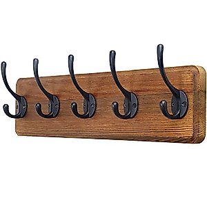 SKOLOO Rustic Wall Mounted Coat Rack: 16-inches Hole to Hole, Pine Solid Wood Coat Hook Hanger - 5 Hooks for Hanging Clothes Robes Towels Coats