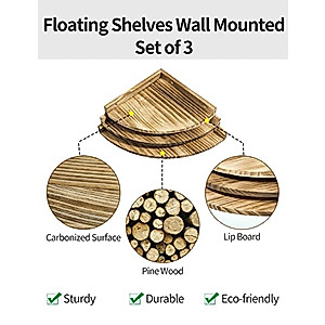 Godimerhea Floating Corner Shelves for Wall, Rustic Solid Wood Wall Mounted Set of 3, Display Hanging Decor Kitchen Storage Heavy Duty Corner Shelf for Living Room Bedroom Bathroom, Brown