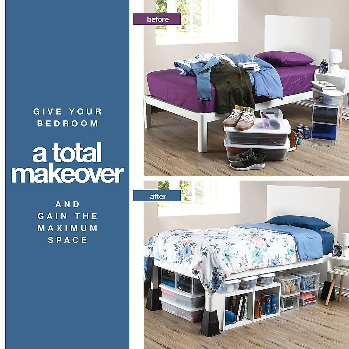 Adjustable Bed Risers - Stackable Bed Frame Risers for Elevation & Under-Bed Storage - Heavy-Duty Furniture Riser for Table, Couch, Desk, and Chair - Set of 4 Large & 4 Small Bed Lifts - Black Home It